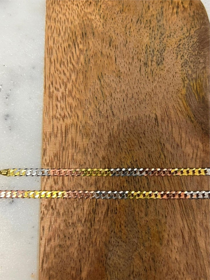 925 Sterling Silver Tri Color Yellow Rose Gold Plated 3.5mm Miami Cuban ...