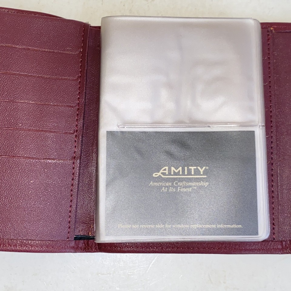 Vintage Amity Maroon Cowhide Leather Tri-Fold Wallet ID Coin Photo Bill ...