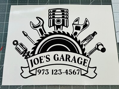 Personalized Workshop/Business Info Vinyl Decal w/Piston & Tools ...