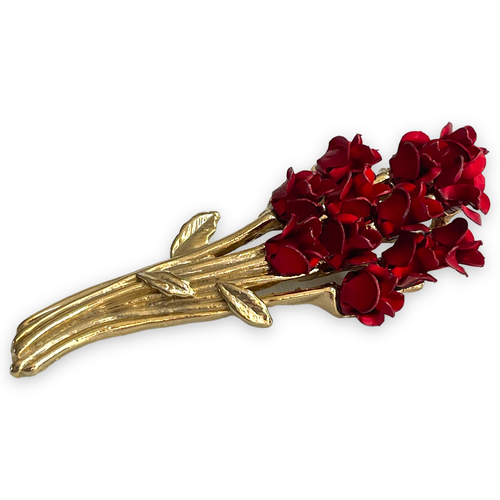 VINTAGE BROOCH PIN SIGNED DM © 97 ONE DOZEN RED ROSES GOLD STEMS 2" | eBay
