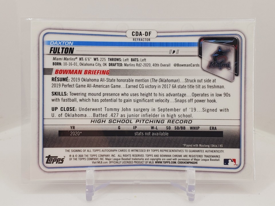 2020 Bowman Chrome 1st Daxton Fulton Refractor Auto 307/499 Marlins ...