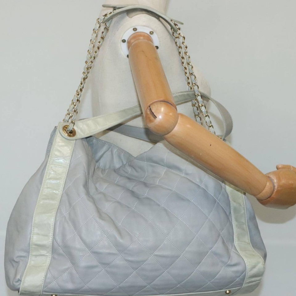 CHANEL Chain Shoulder Bag Leather 2way Gray Gold CC Auth 96778 | eBay