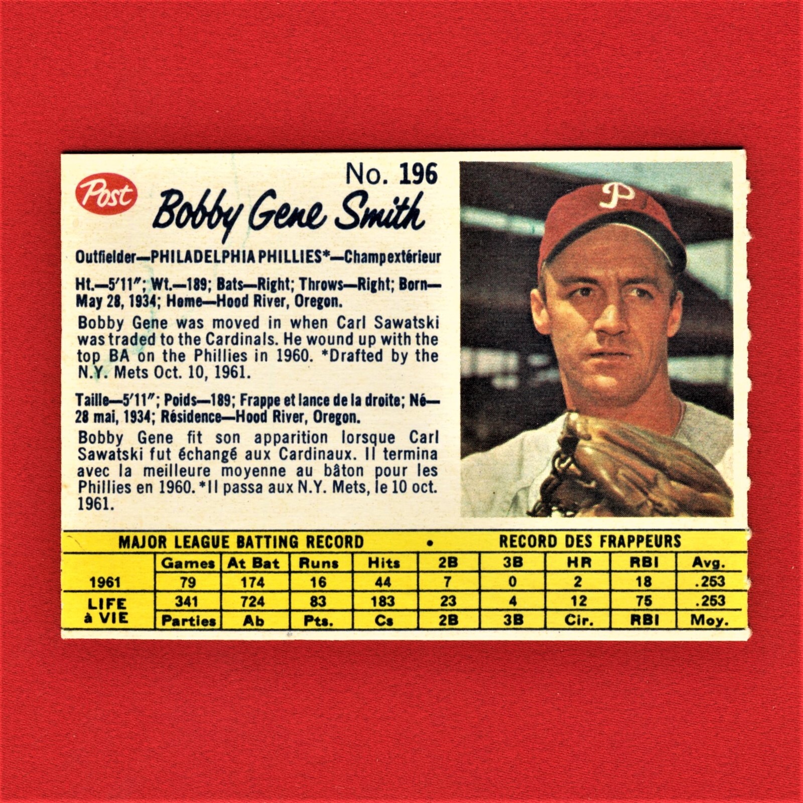 Bobby Gene Smith - 1962 - Post CANADIAN Baseball - Phillies - #196 ...