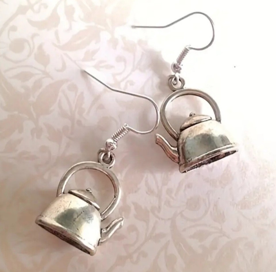 TEA POT Earrings TEA KETTLE Retro Vintage Style Silver Teapot Tea Party ...