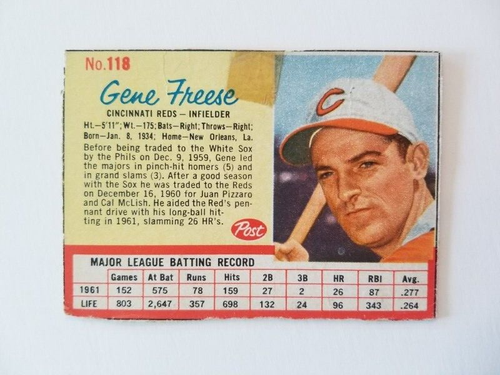 GENE FREESE 1962 POST CEREAL BASEBALL CARD #118 CINCINNATI REDS HAND ...