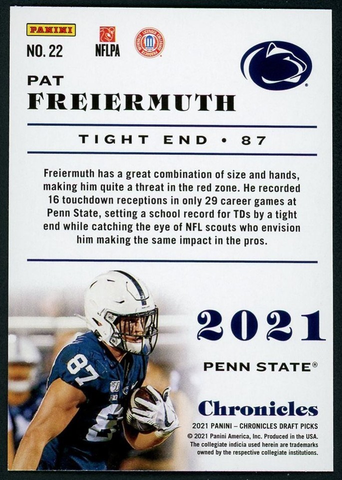 2021 Panini Chronicles Draft Pat Freiermuth Rookie Penn State Nittany ...