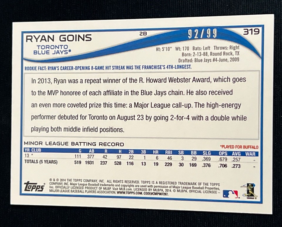 2014 Topps Camo Parallel 92/99 Ryan Goins #319 Rookie SSP RC Toronto ...