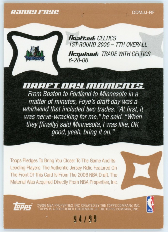 2006-07 Topps Big Game Randy Foye Draft Day Moments Rookie Jersey Jumbo ...
