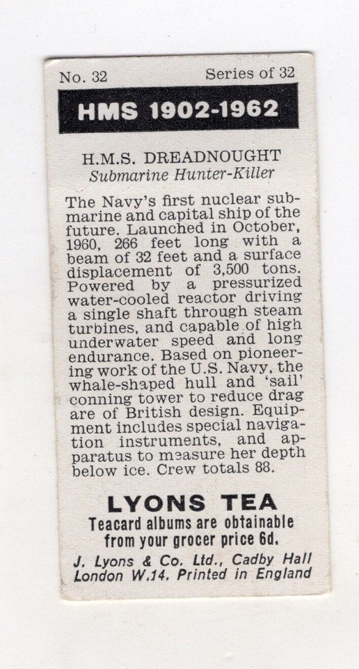 HMS 1902-1962. Royal Navy Tea card. HMS Submarine Dreadnought | eBay