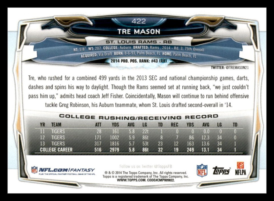 2014 Topps Football Base # 422 Tre Mason, St. Louis Rams RC | eBay