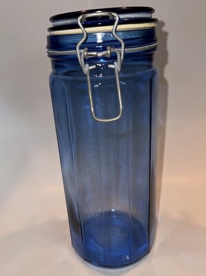 Vintage Cobalt Blue Glass 12 Panel Canister Jar w/Wire Bail Lid 9 3/4 ...