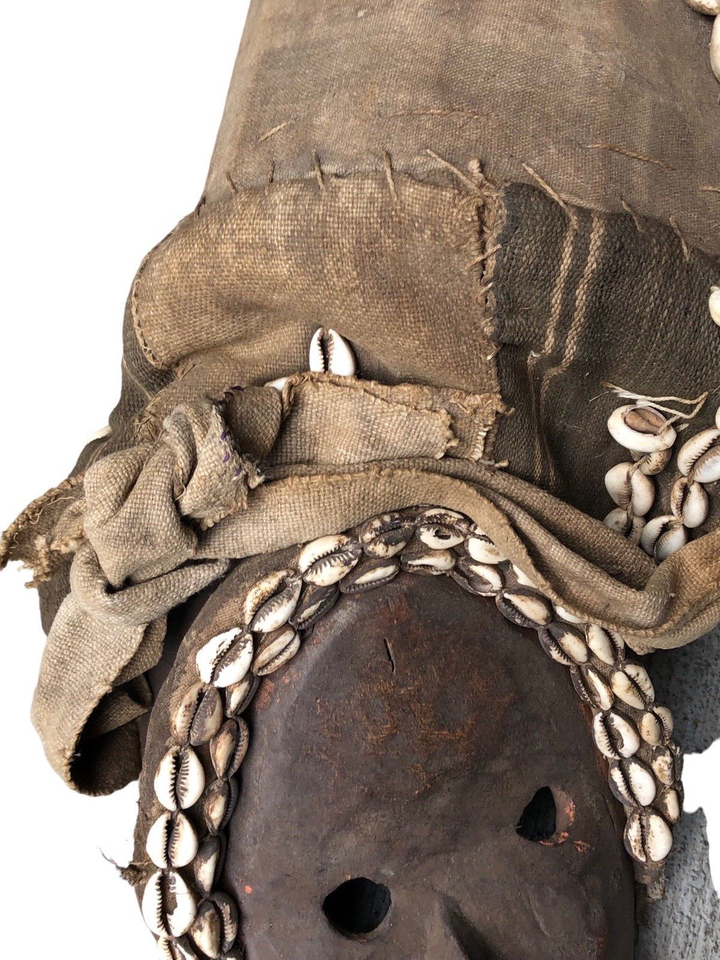 Rare 28" African Wood Tribal Ceremonial Mask Straw Husk Beard Cowrie ...