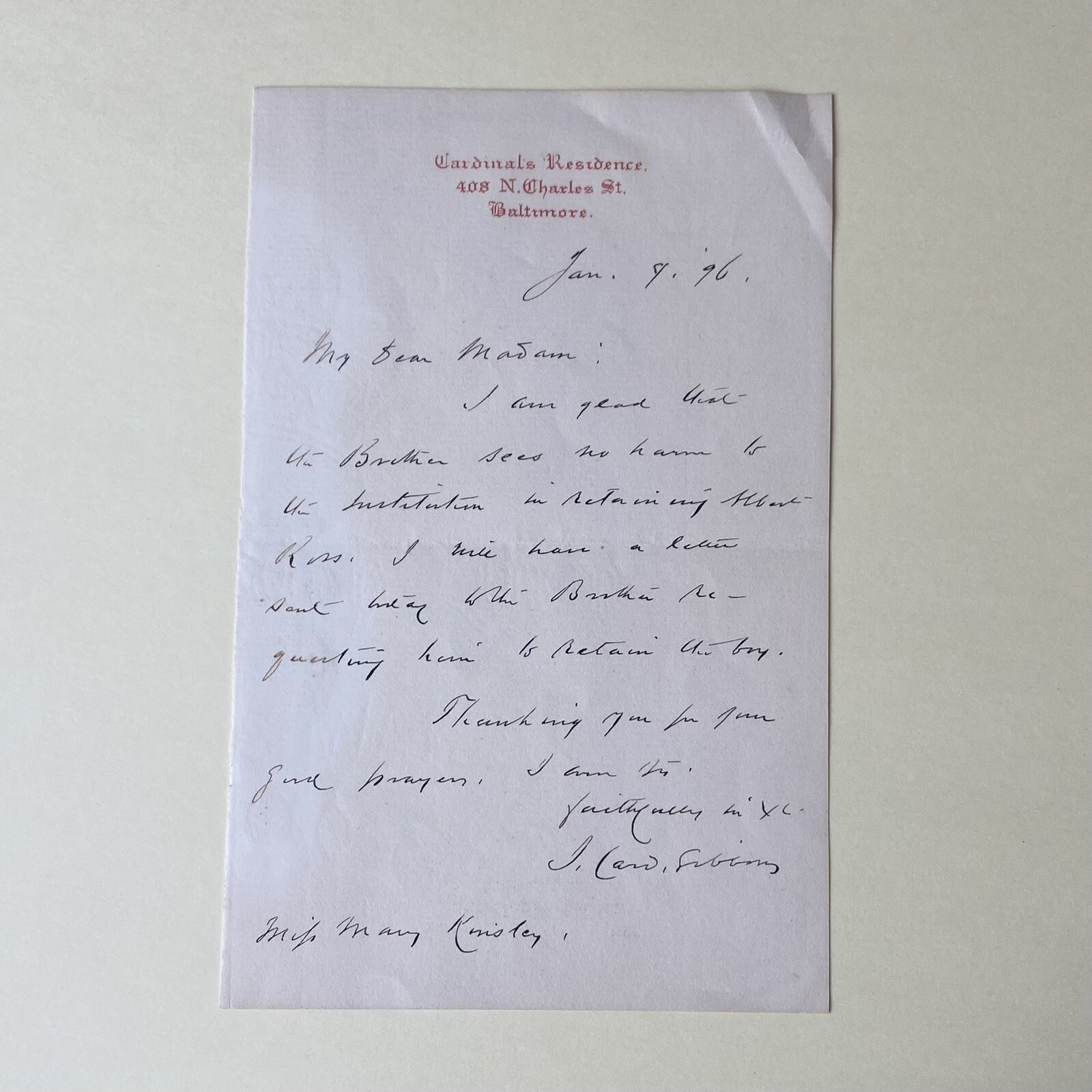 1896 Letter from James Cardinal Gibbons Archbishop of Baltimore to Mary ...