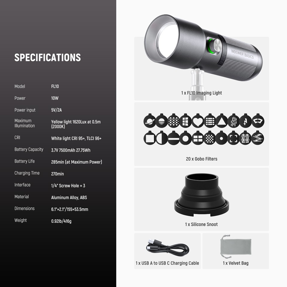 NEEWER RGB Flashlight, 4 Colors/20 Gobos, 10W 7500mAh, for Video/Studio ...