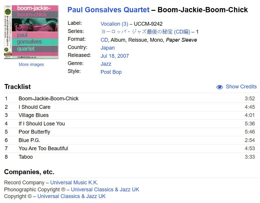 Paul Gonsalves Quartet – Boom-Jackie-Boom-Chick Mini LP CD + OBI SEALED ...