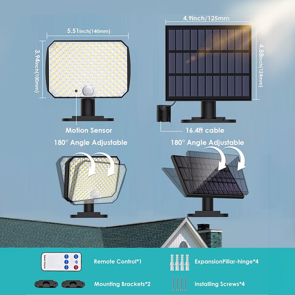 CLAONER 190 LED Solar Power Security Light PIR Motion Sensor Outdoor ...