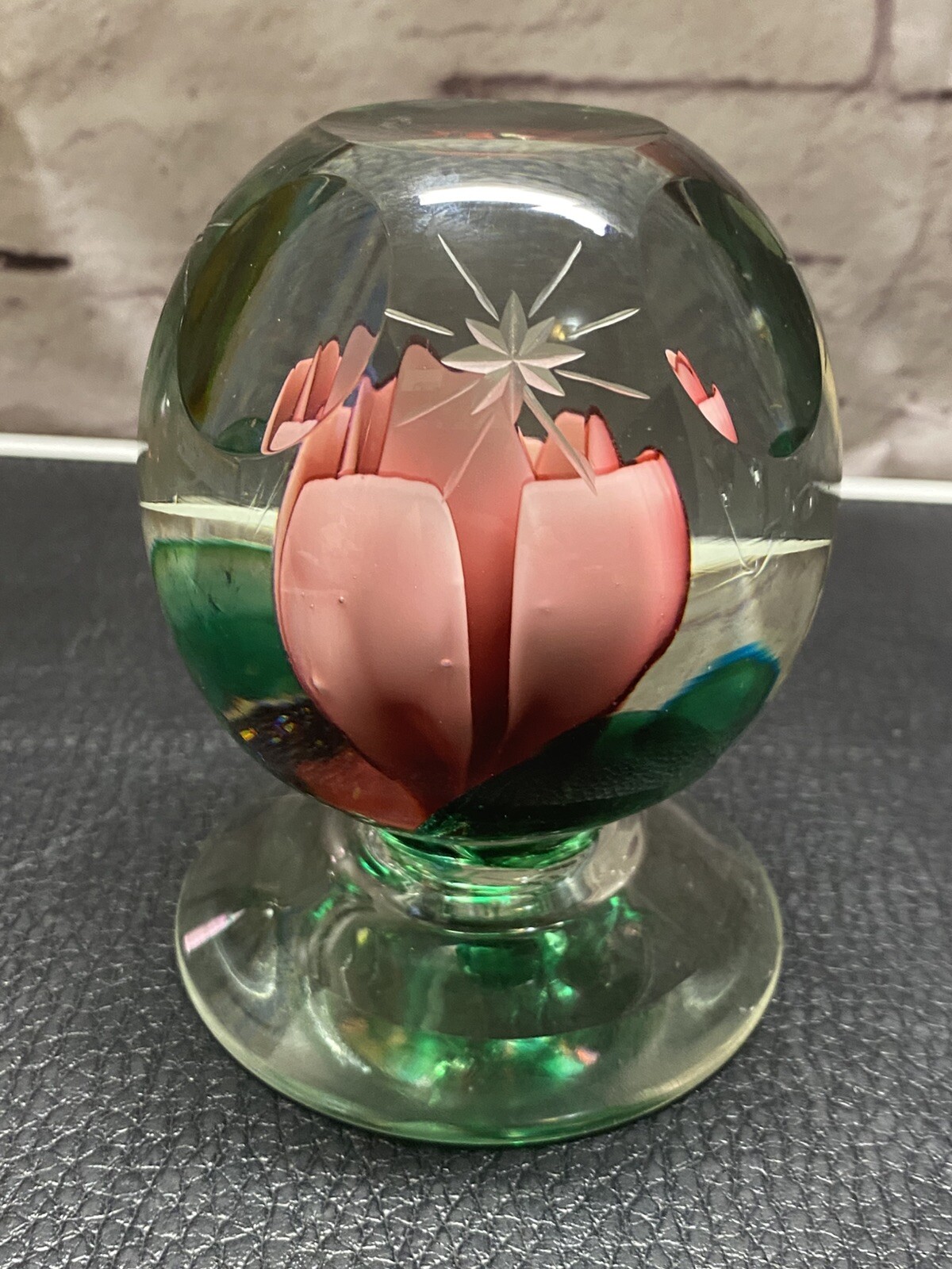 RARE JOE ST. CLAIR SIGNED FOOTED PINK ROSE ETCHED PAPERWEIGHT 4 1/2 ...