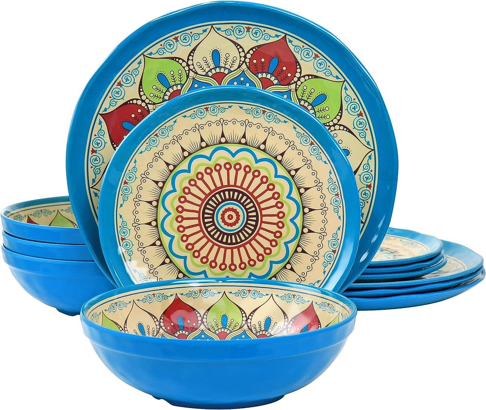 Elama Camilla 12 Piece Multicolor Mandala Pattern Melamine Dinnerware ...