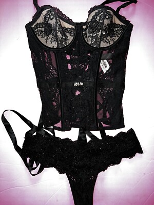 Victoria's Secret DESIGNER COLLECTION 32C CORSET SET S BLACK lace ...