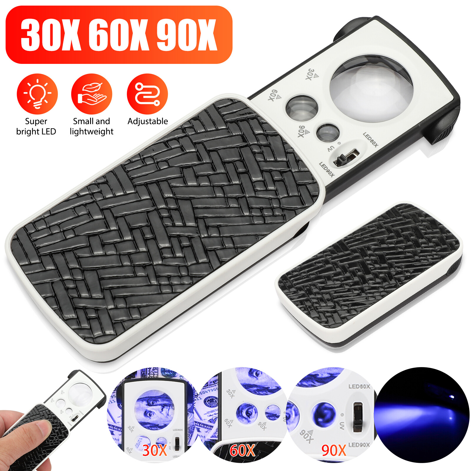 30X 60X 90X Jeweler Magnifier LED Light Jewelry Eye Loop Pocket ...