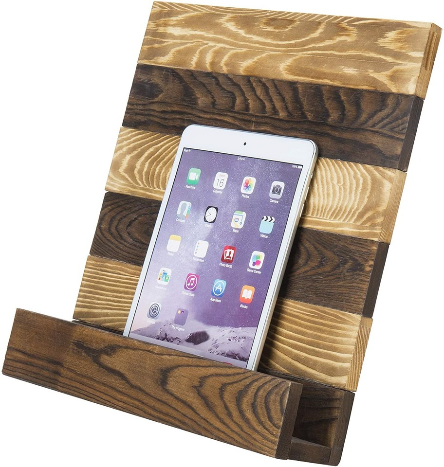 Brown Wood Cookbook Tablet Holder Stand w/ Kickstand, Kitchen Recipe ...