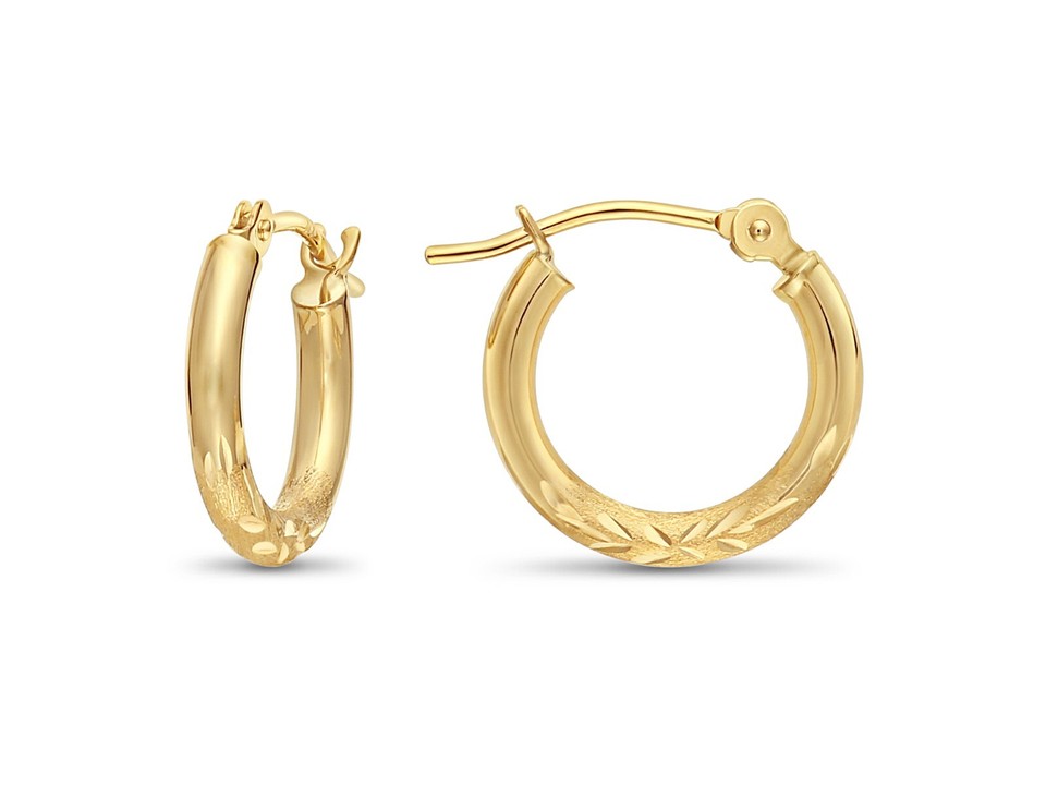 14K Real Solid Gold Hand Engraved Floral Diamond-Cut Small Hoop ...