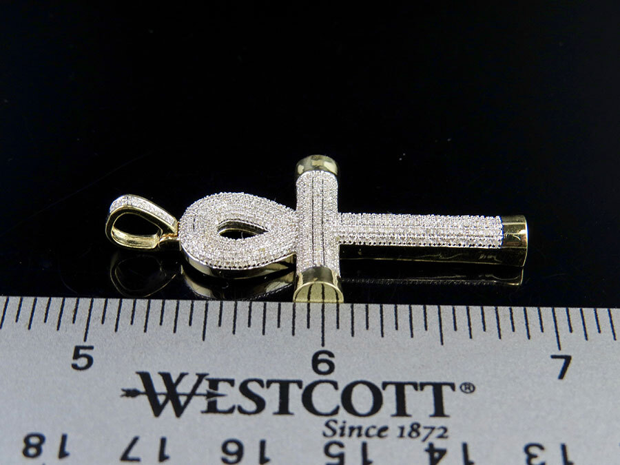 Men's 10K Yellow Gold Puff Ankh Cross Genuine Diamond Pendant 0.55 Ct 1 ...