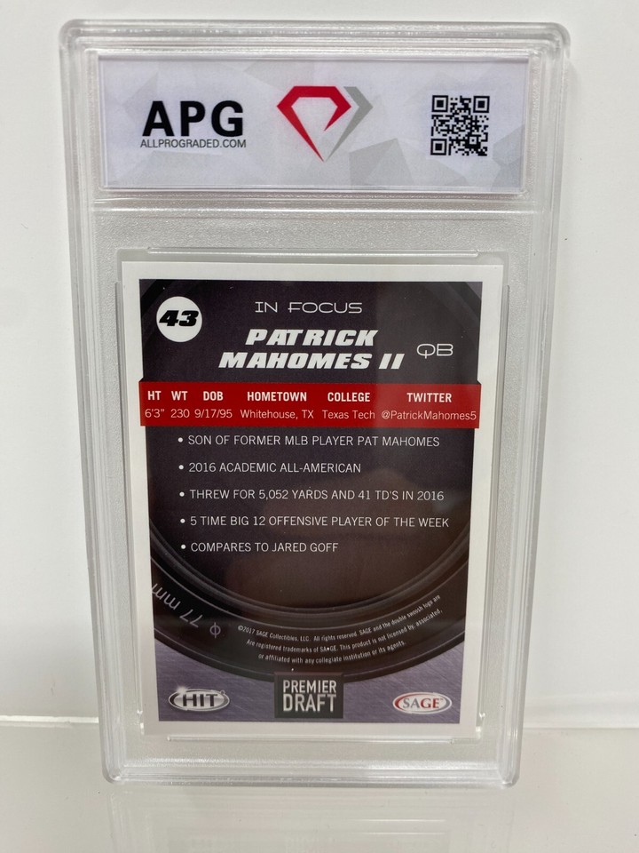 Patrick Mahomes 2017 Sage Hit In Focus Rookie Gold APG Graded Gem Mint ...