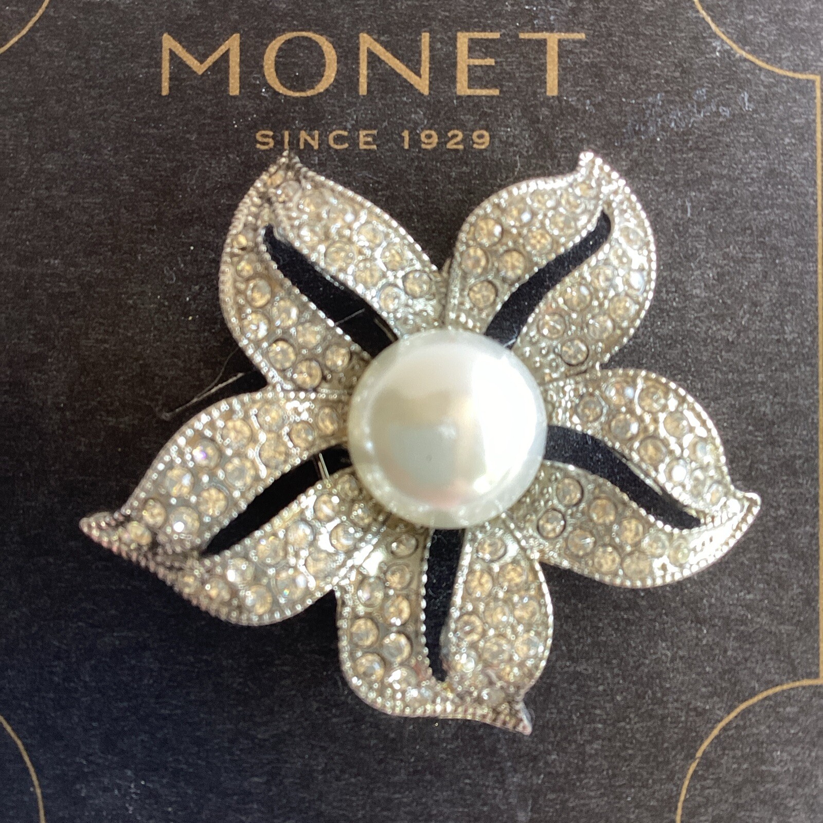 Monet Pin Brooch Star Flower Silver Tone Plastic Faux Pearl Rhinestones ...