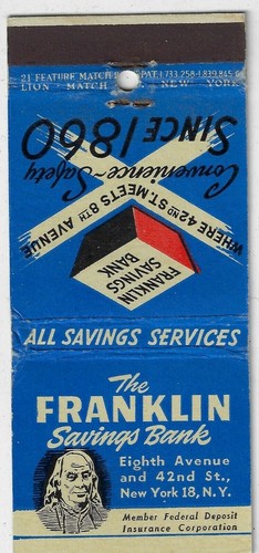 Cover Franklin Savings Bank New York 18 NYC FS 30S Empty Matchcover | eBay