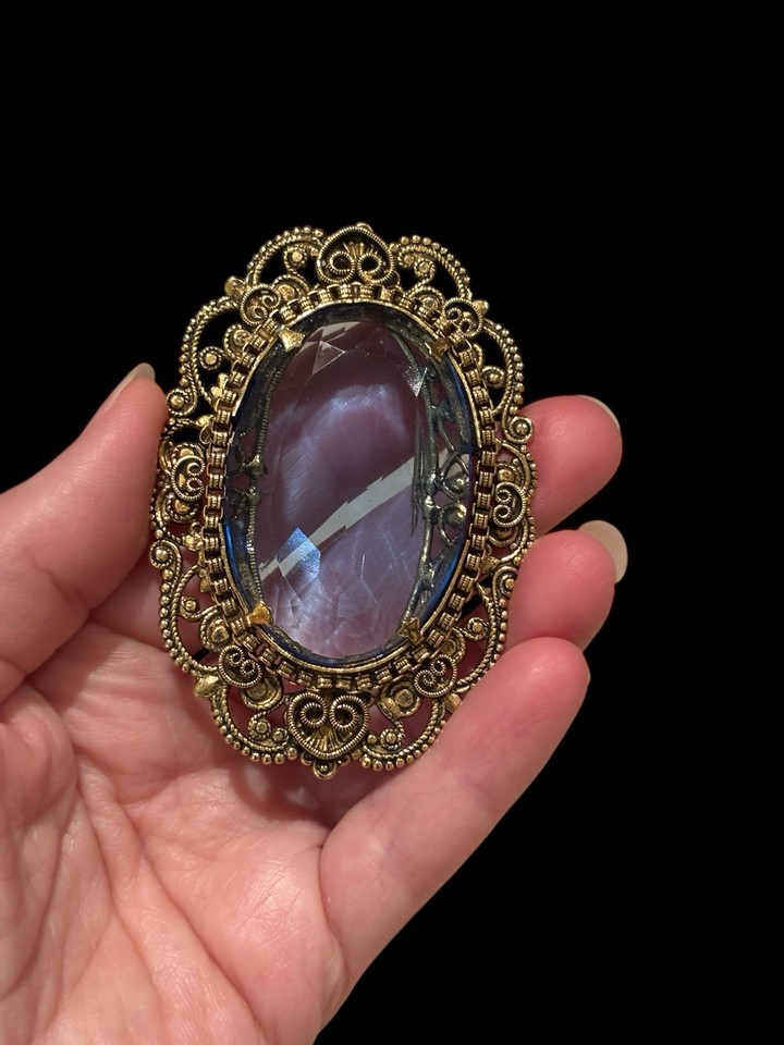 Large Vintage Art Deco Victorian Style Ornate Oval Faceted Blue Glass ...