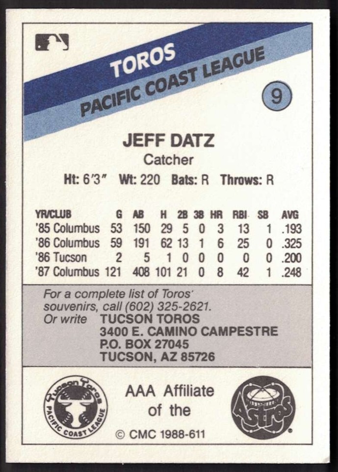 1988 CMC AAA #1988-611 9 Jeff Datz - Tuscon Toros | eBay