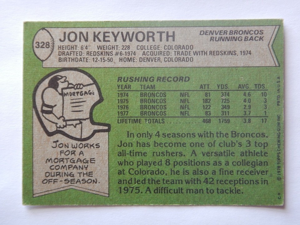 Jon Keyworth #328 Topps 1978 Football Card (Denver Broncos) VG | eBay