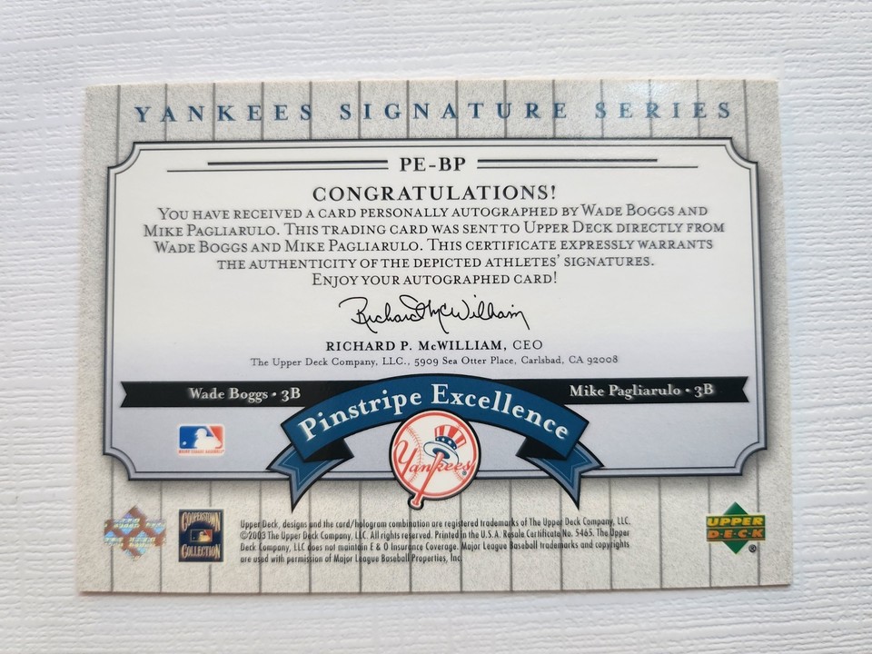 WADE BOGGS & MIKE PAGLIARULO 2003 UD YANKEES SIGNATURE SERIES DUAL AUTO ...