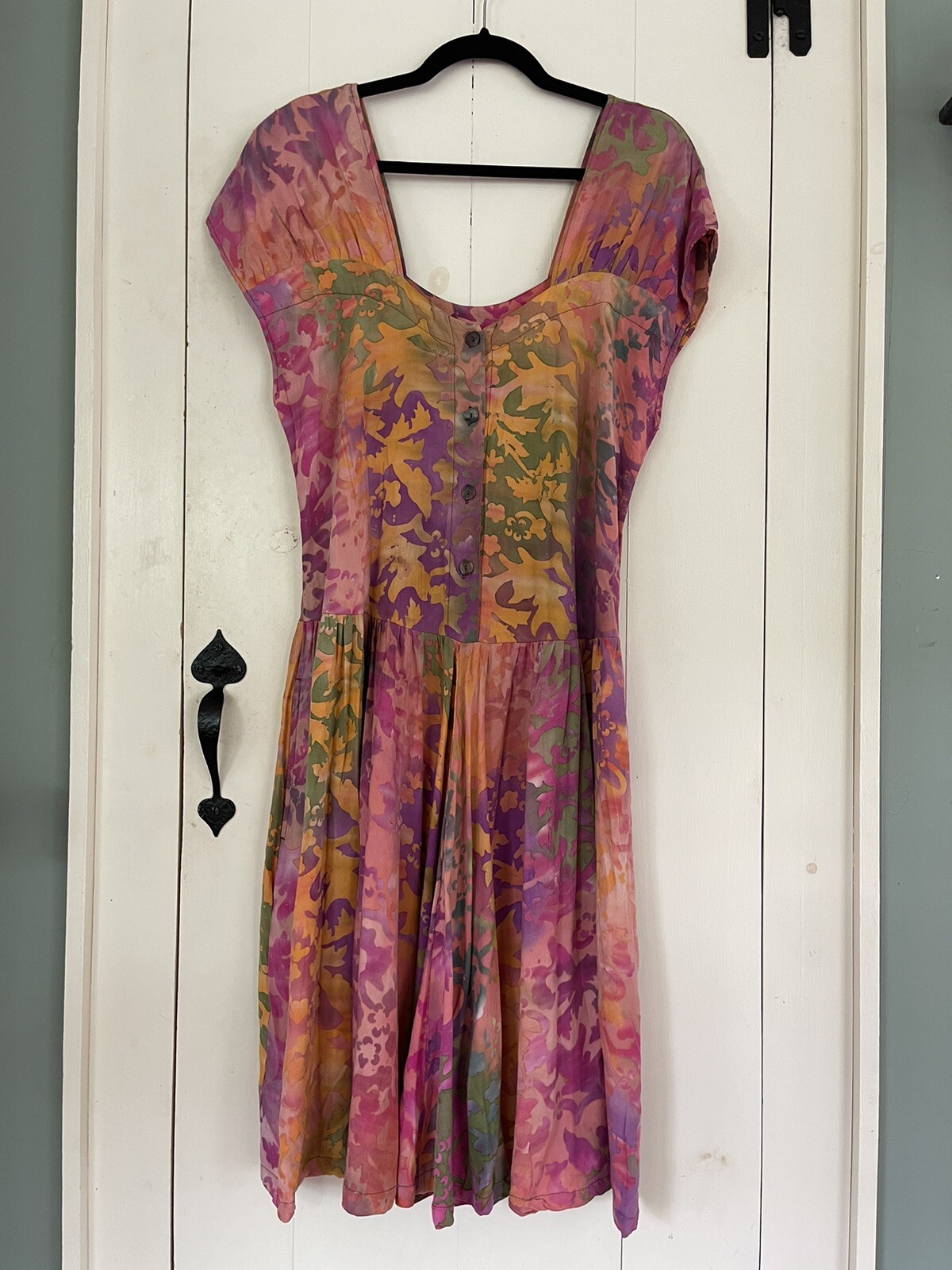 Vintage Rayon Sundress Large Batik Button Down Pockets Sweetheart ...