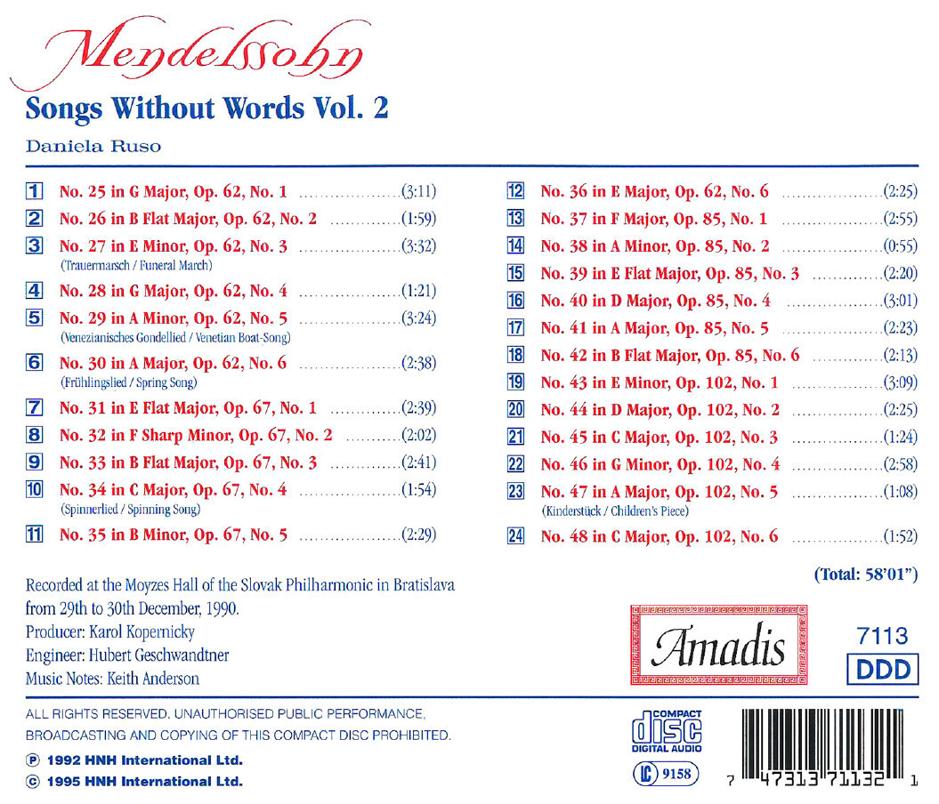 MENDELSSOHN Songs without Words / Lieder ohne worte Vol.2 DANIELA RUSO ...