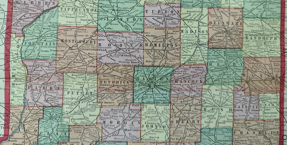 Vintage 1903 INDIANA Map 14"x22" ~ Old Antique Original LAFAYETTE GARY ...