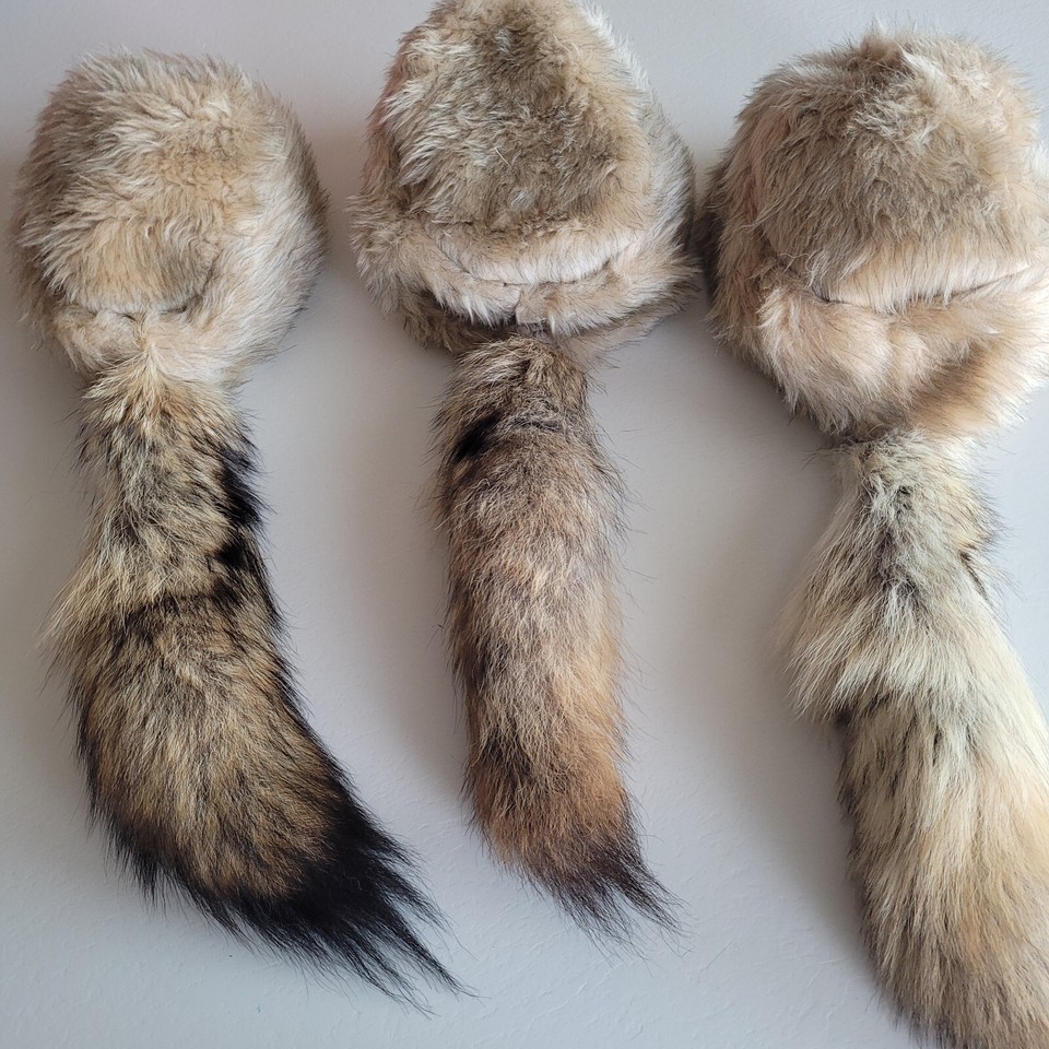 Coyote Tail Davey Crockett Coonskin Cap Real Tail Fur Coon Daniel Boone ...