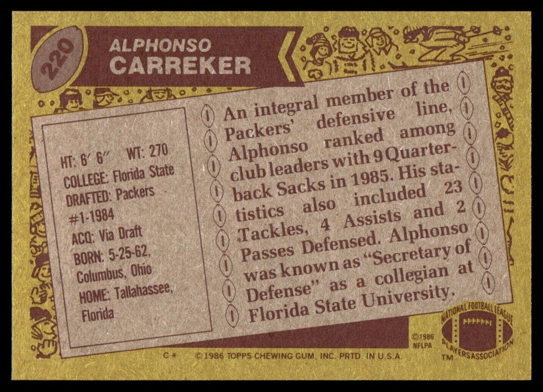 1986 Topps Alphonso Carreker Rookie Green Bay Packers #220 | eBay