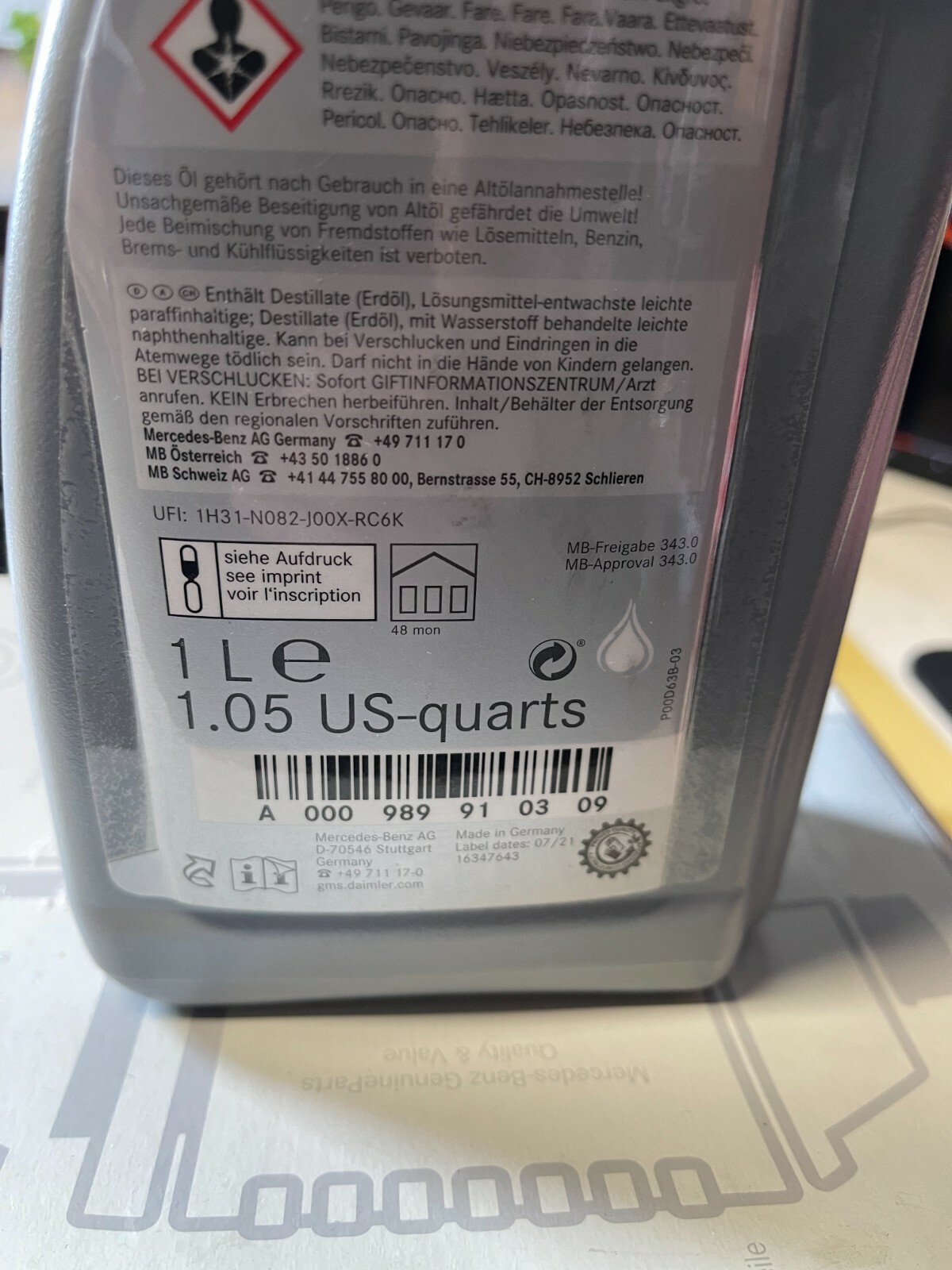 Genuine Mercedes-Benz Hydraulic System Fluid 1 Liter OE 000989910310 ...