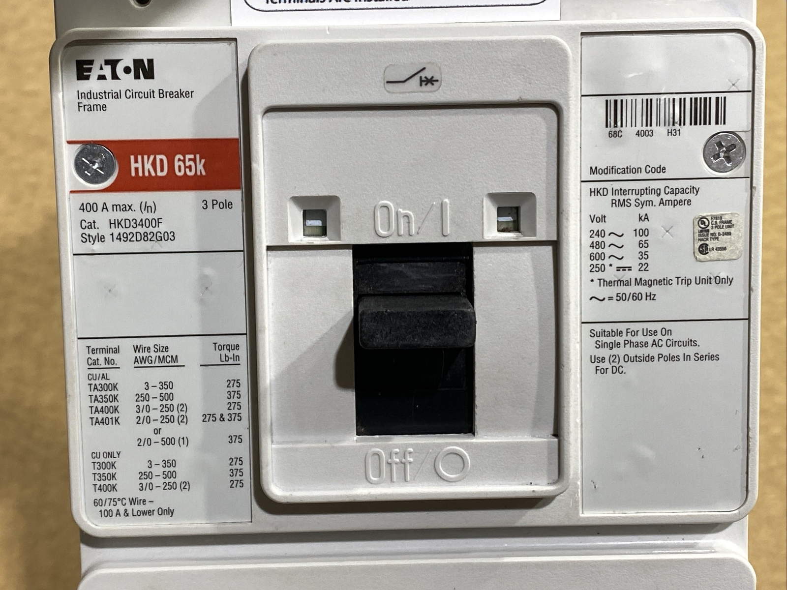 Eaton HKD3400F 400amp frame circuit breaker 65k KES3250LS 250amp | eBay