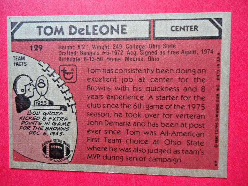 Tom DeLeone - 1980 Topps Autographed Football card # 129 - Cleveland ...