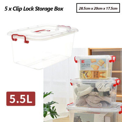 5 x 5.5L Plastic Storage Box Home Office Container Clip Lock Crate ...