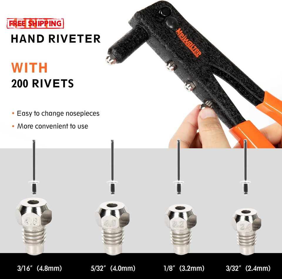 Heavy Hand Riveter Rivet Gun Professional Pop Rivet Gun Kit with 200pcs ...