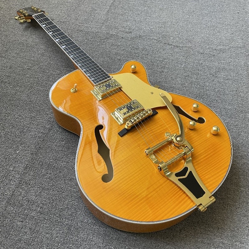 New Archtop L5 Electric Guitar Yellow Hollow Body Tremolo Bridge Gold ...
