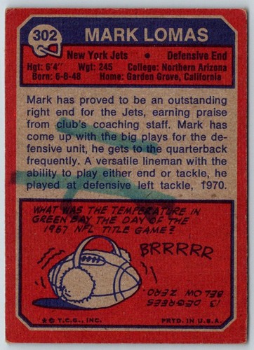 1973 Topps Mark Lomas #302 New York Jets Football Card | eBay