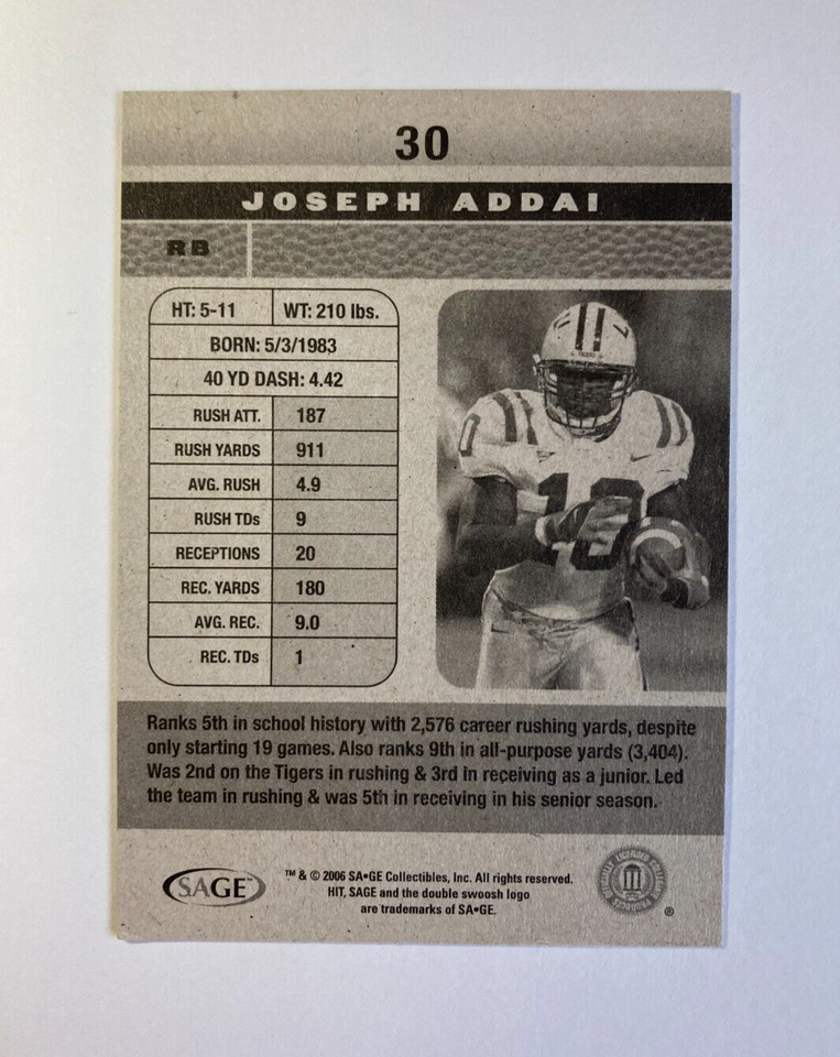 2006 SAGE Hit Joseph Addai Rookie Card NM-MINT, LSU Tigers | eBay