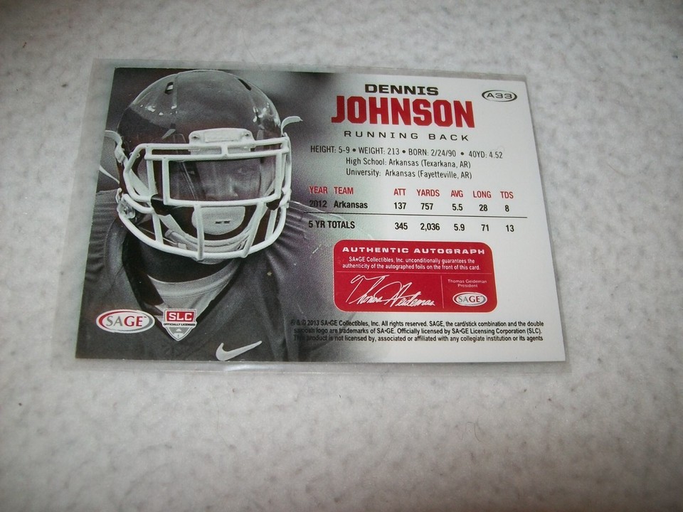 2013 SAGE RED RC DENNIS JOHNSON AUTOGRAPH AUTO #A33 ARKANSAS RAZORBACKS ...
