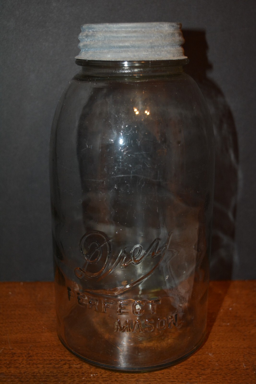 VTG DREY PERFECT Mason Jar 2 Q SLOPED Clear Glass Zinc Lid 1/2 GALLON ...