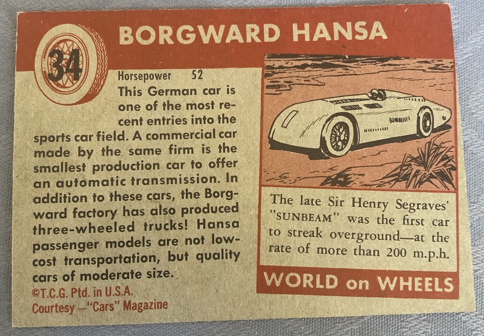 1954 Topps World on Wheels #34 Borgward Hansa German Sports Car EX | eBay